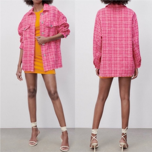 Zara | Jackets & Coats | Zara Tweed Textured Woven Plaid Frayed ...